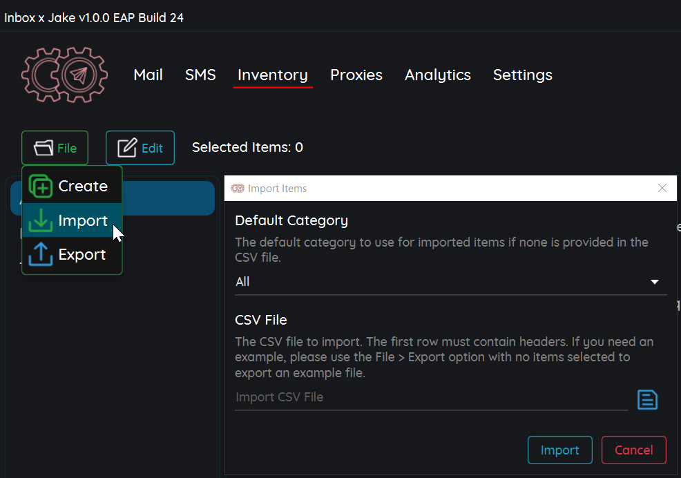 Inbox - Inventory - Create/Import/Export – AYCD