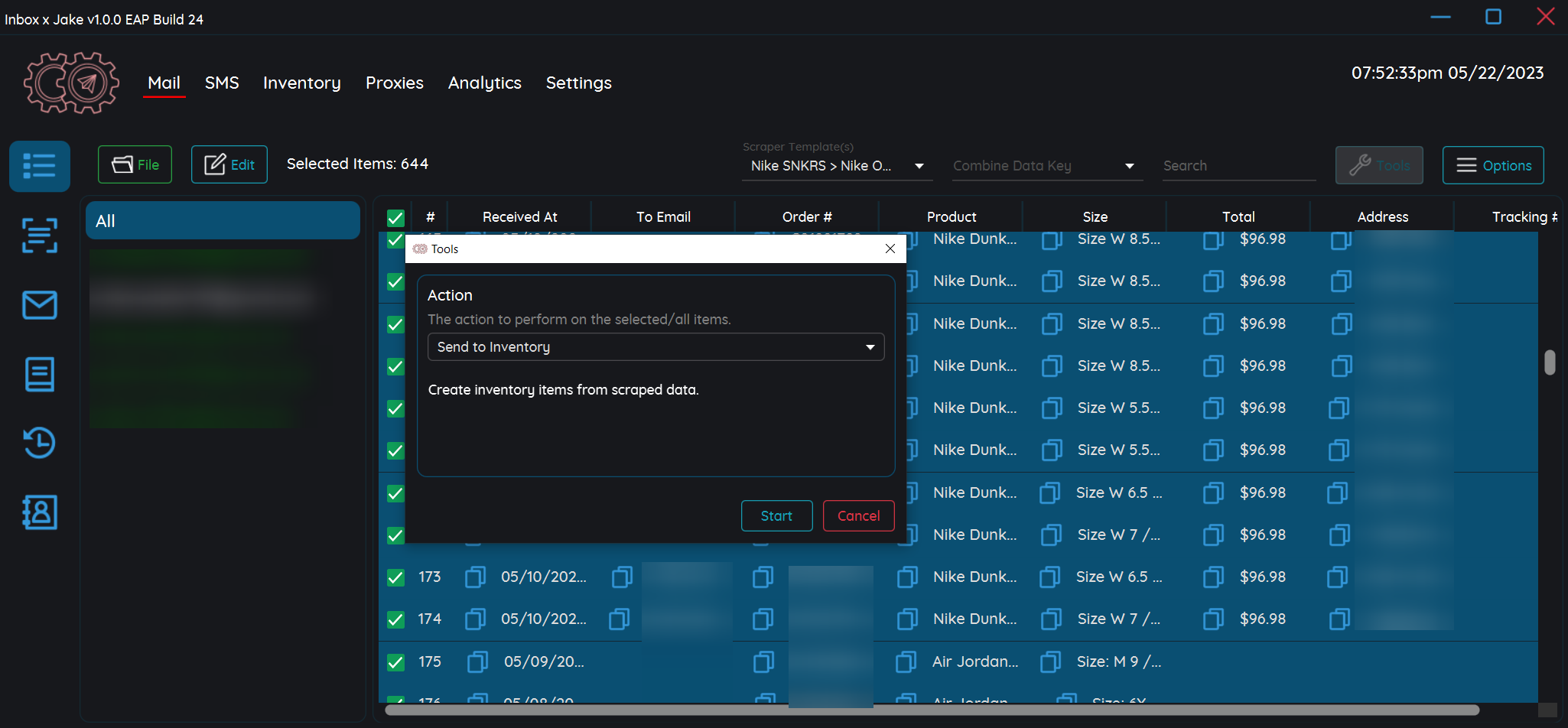 Inbox - Mail - Scraper Data - Tools - Send to Inventory – AYCD