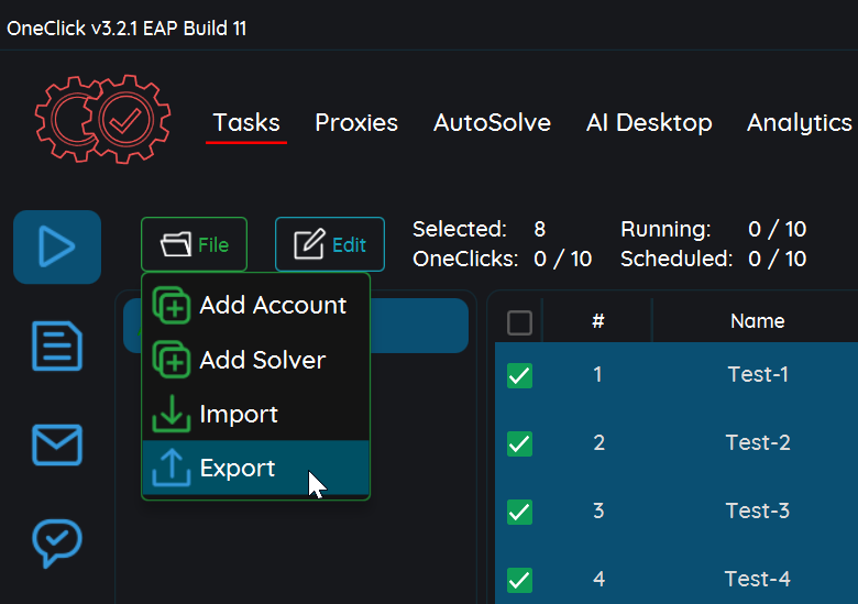 OneClick - Tasks - Accounts/Solvers - Add / Import / Export Accounts – AYCD