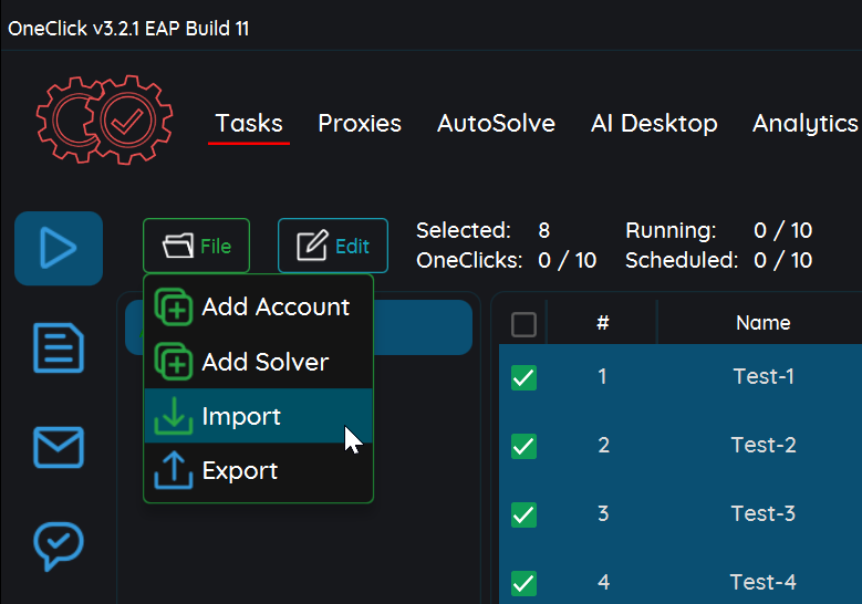 OneClick - Tasks - Accounts/Solvers - Add / Import / Export Accounts – AYCD
