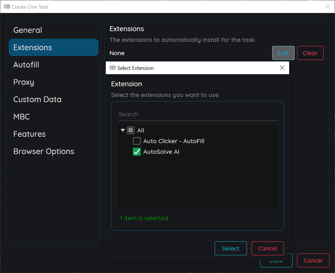 TabSentry - Tasks - Browsers - Create One Task / Many Tasks / Import / Import from Profile ...
