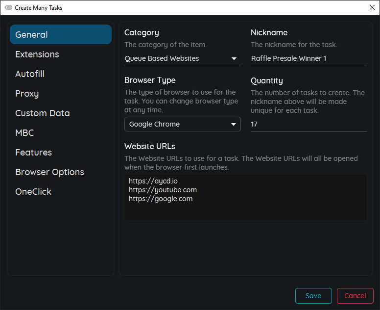 TabSentry - Tasks - Browsers - Create One Task / Many Tasks / Import / Import from Profile ...