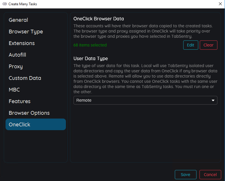 TabSentry - Tasks - Browsers - Create One Task / Many Tasks / Import / Import from Profile ...